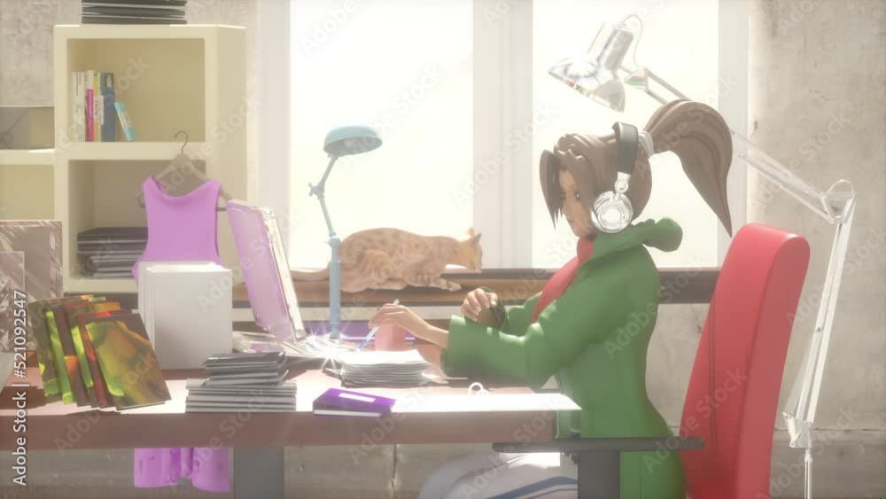 anime animation of a cartoon low-Fi girl style a schoolgirl or a ...