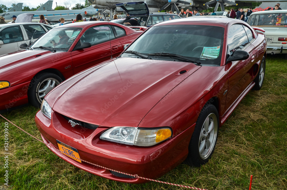 American red car Ford Mustang GT 1997 coupe at Old Car Land. About 900 ...