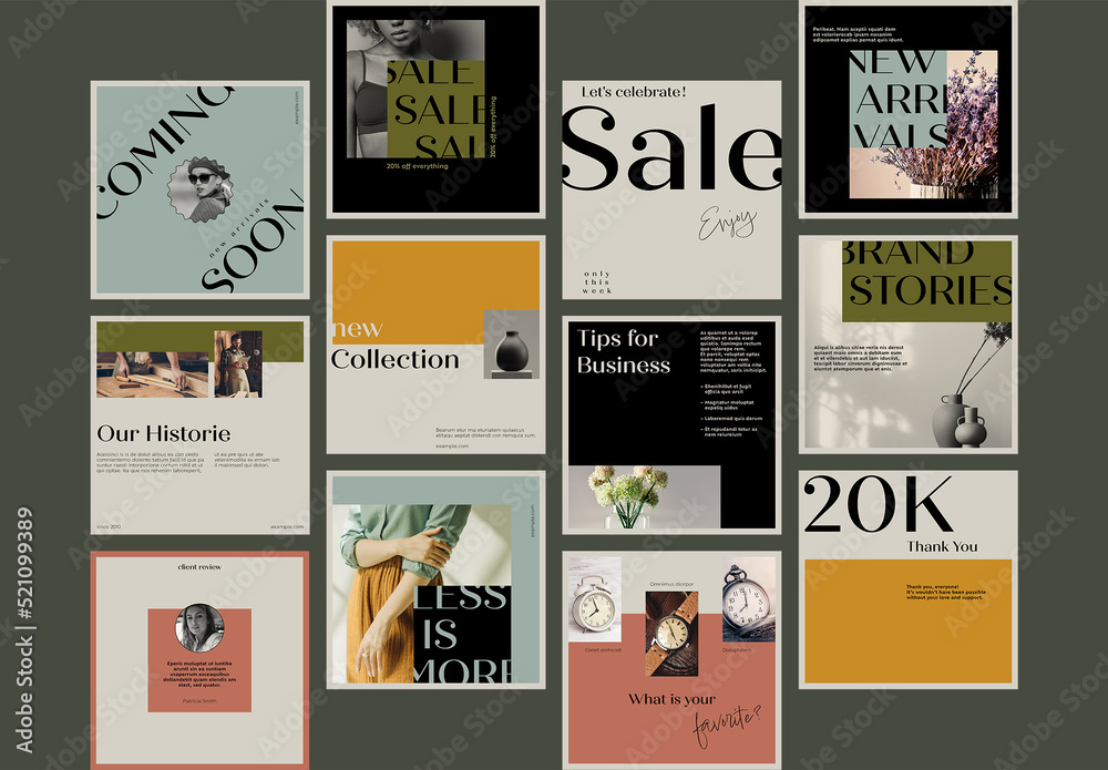 Social Media Post Layout Set in Modern Retro Colors Stock Template ...