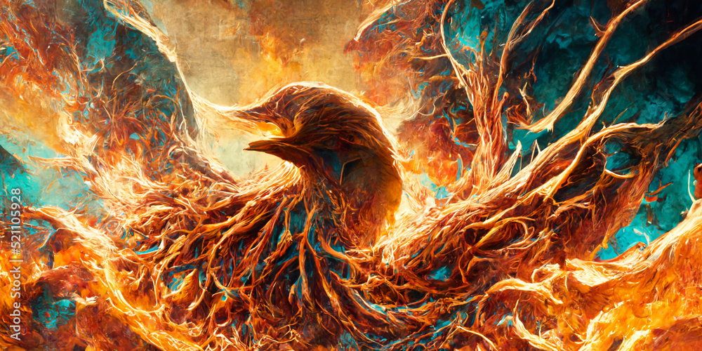Phoenix rising from fire and ashes dramatic sky and scenery with bird ...