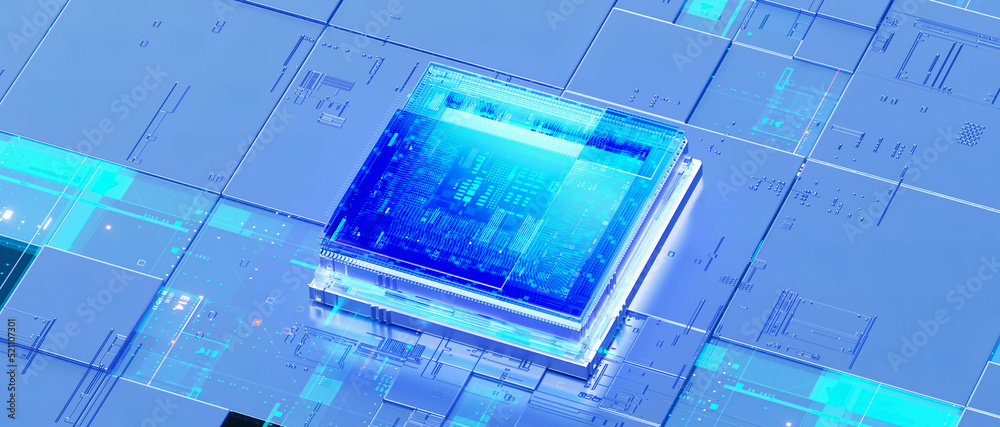 3D rendering of cyberpunk AI. Circuit board. Technology background ...