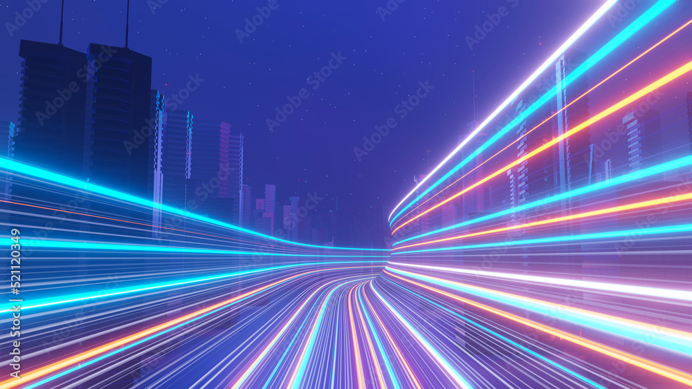 3d render of Cyber night mega city landscape scene. Light glowing and ...