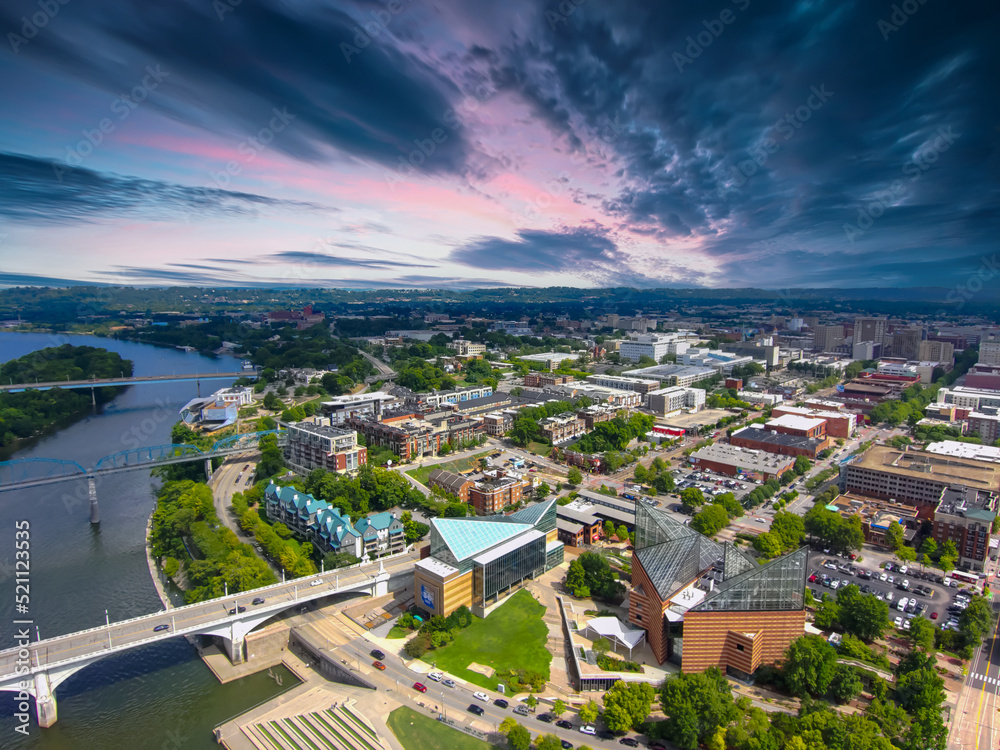 an aerial shot of a gorgeous summer landscape along the Tennessee River ...