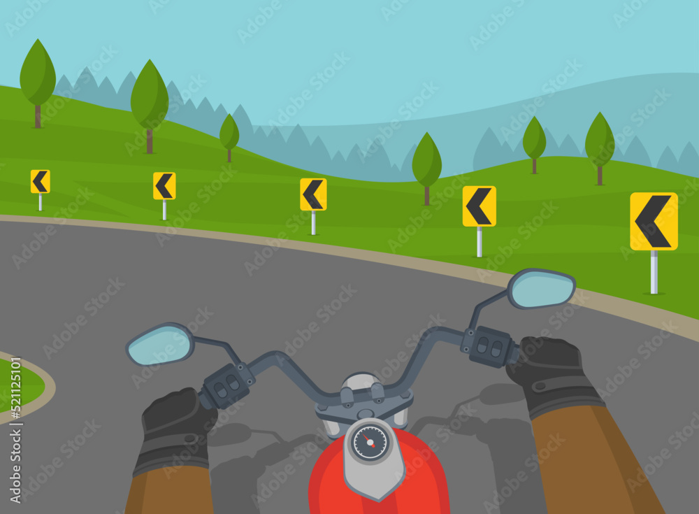 Motorcycle riding trip through the hills. Hands holding a classic ...