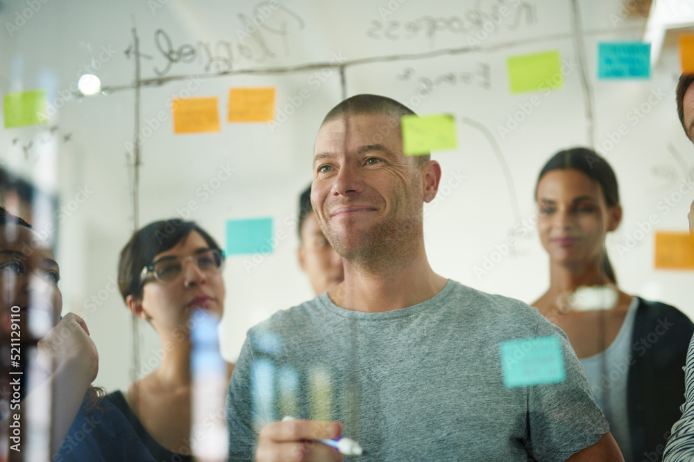 Innovation, planning and strategy at work with group of business people ...