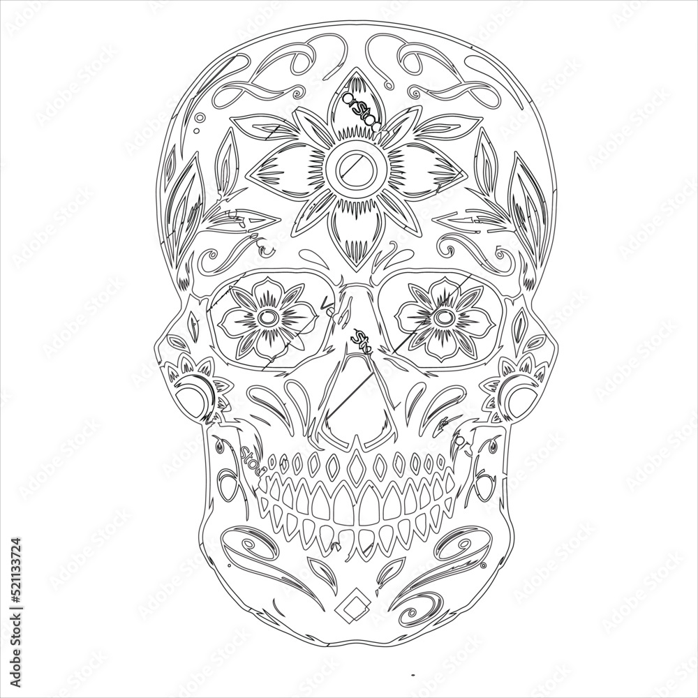 Sugar skull wreath of red roses. Coloring pages for adult. Day of the ...