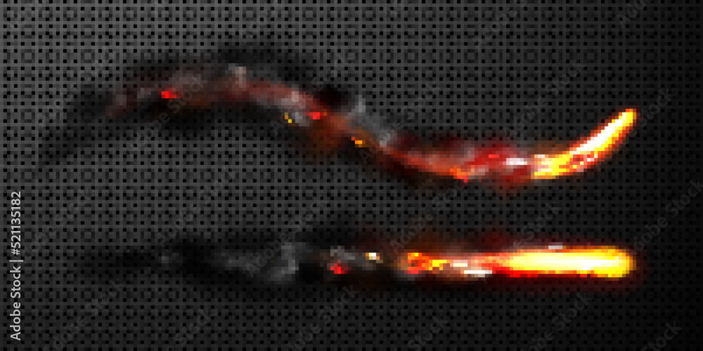 Missile effect, rocket fire trails with black smoke, spacecraft startup ...
