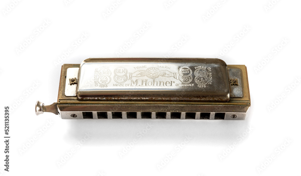 Vintage M. Hohner harmonica isolated on a white background, Paris ...