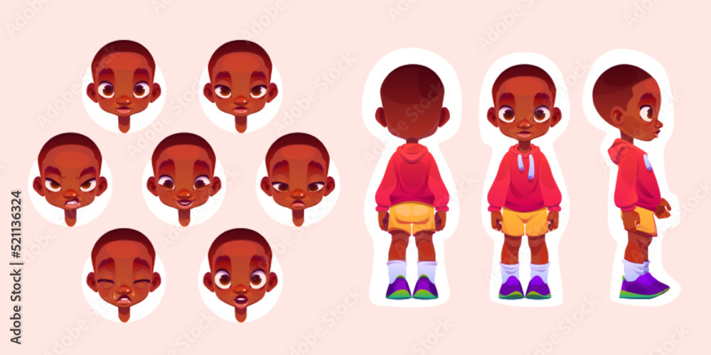 Standing little boy and his face with different emotions. Vector ...