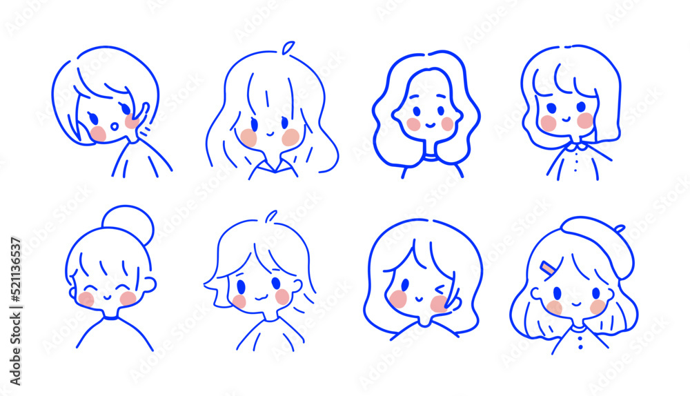 Set of trendy blue outline hand drawn portraits Stock Vector | Adobe Stock