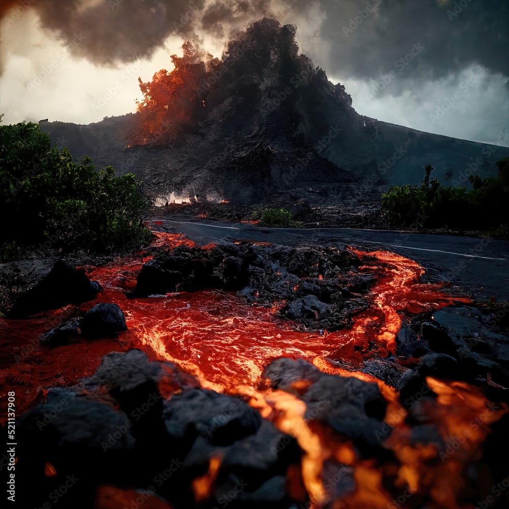 Beautiful landscape scene of a Volcano erupting with lava flowing Stock ...