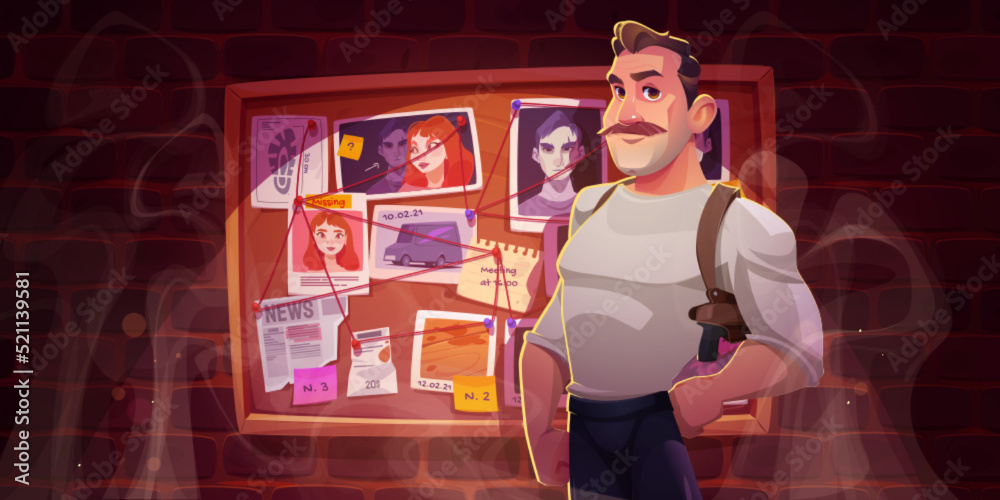 Police inspector or private detective on background of board with ...