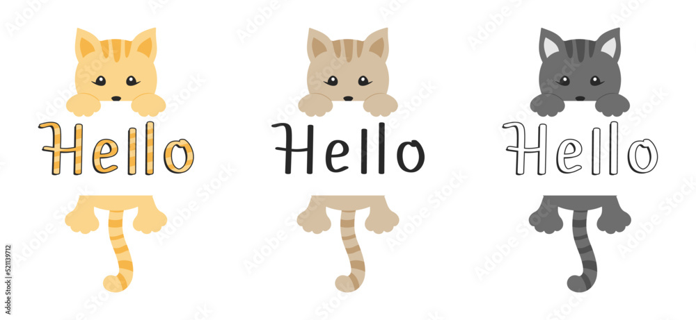 Cute multicolored kittens hanging on a Hello card board. Adorable pets ...