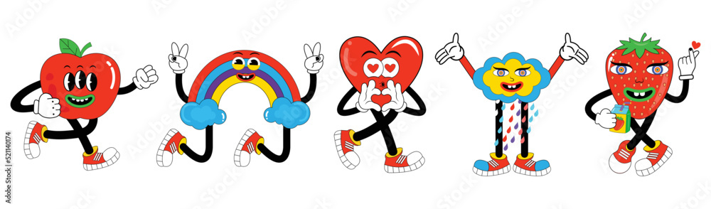 Funny cartoon characters in trendy retro style apple, rainbow, cloud ...
