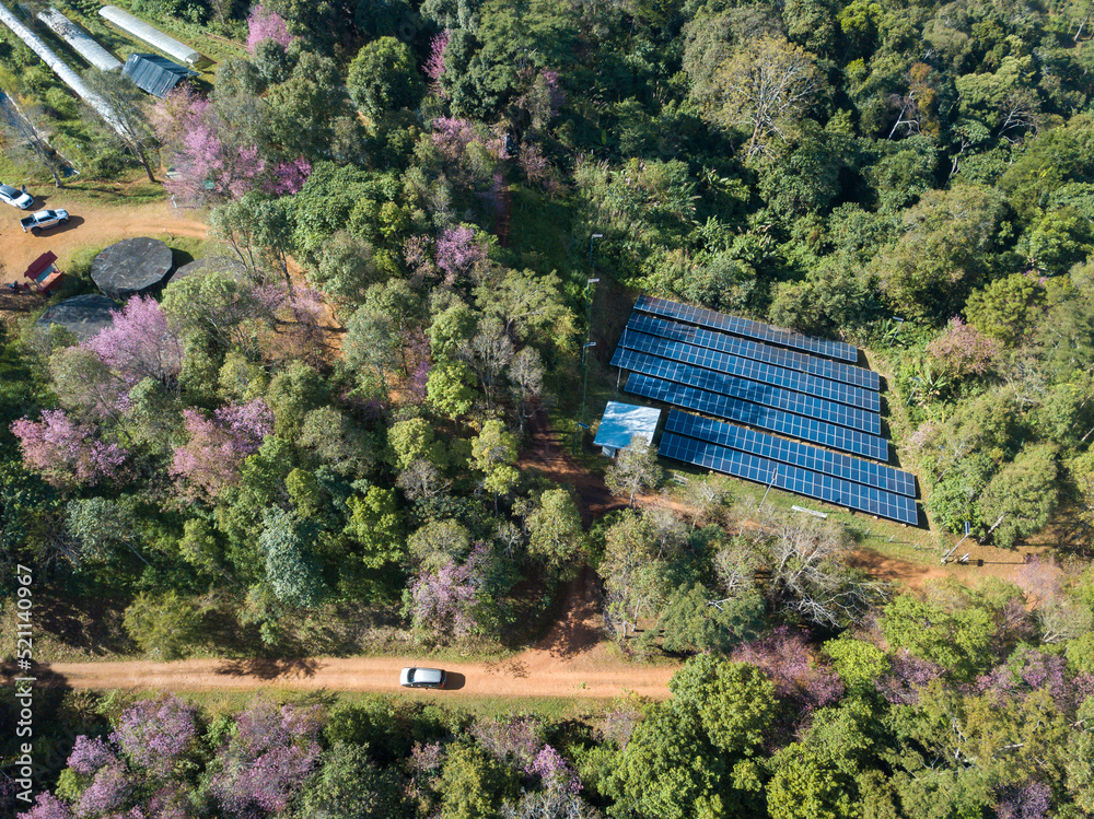 Aerial view of Solar cell panels installation on the Pang Khon mountain ...