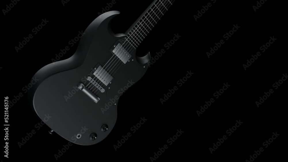 Rolling black electric guitar under black background. Concept 3D ...