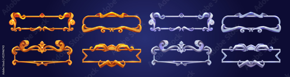 Silver and golden vintage game frames, ui medieval borders of gold or ...