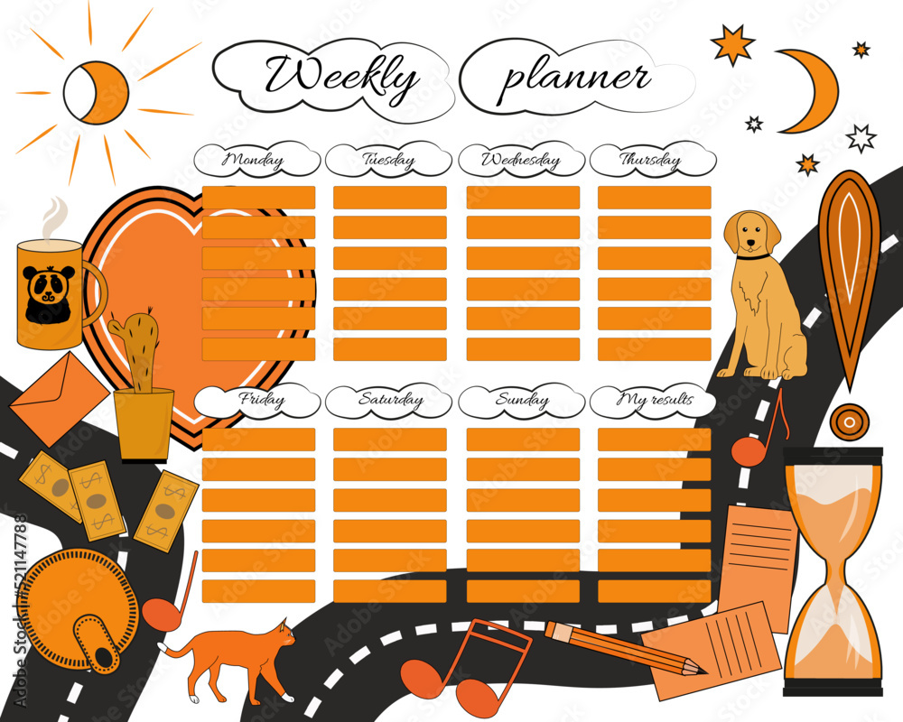 Weekly planner vector template done in orange tones. Weekly schedule ...