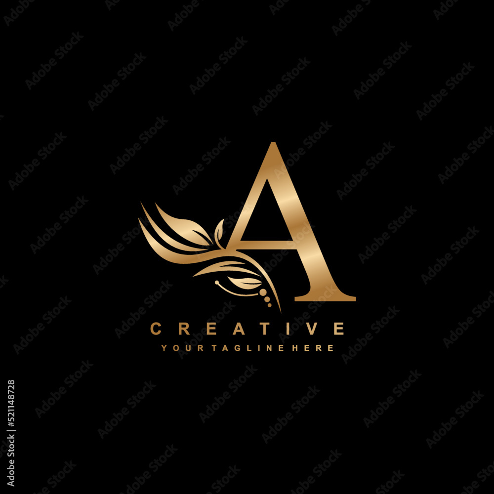 gold letter A logo design with luxurious and beautiful leaf ornament. A ...