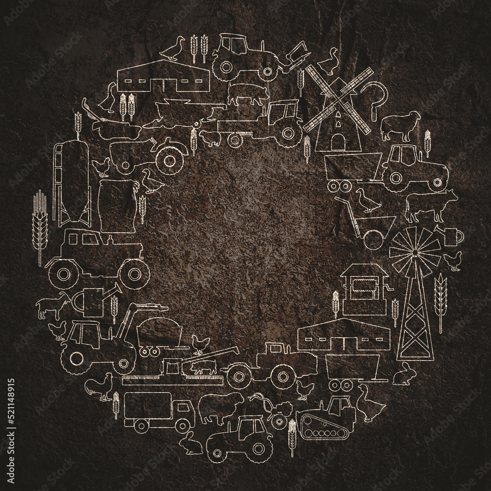 Circle frame with icons of agriculture and farming. Illustration or ...