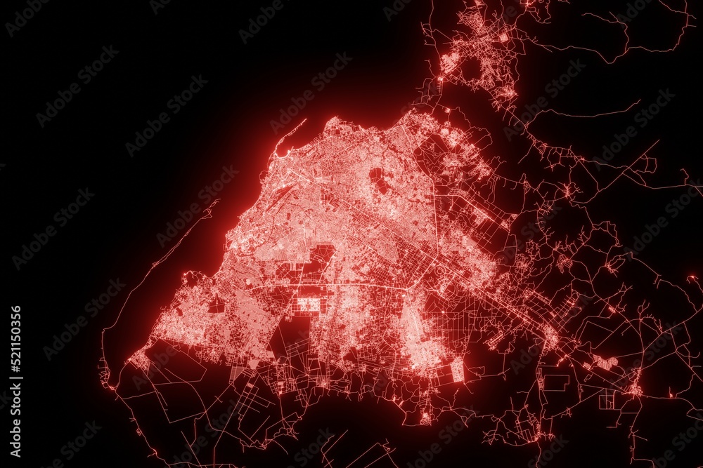 Street map of Luanda (Angola) made with red illumination and glow ...