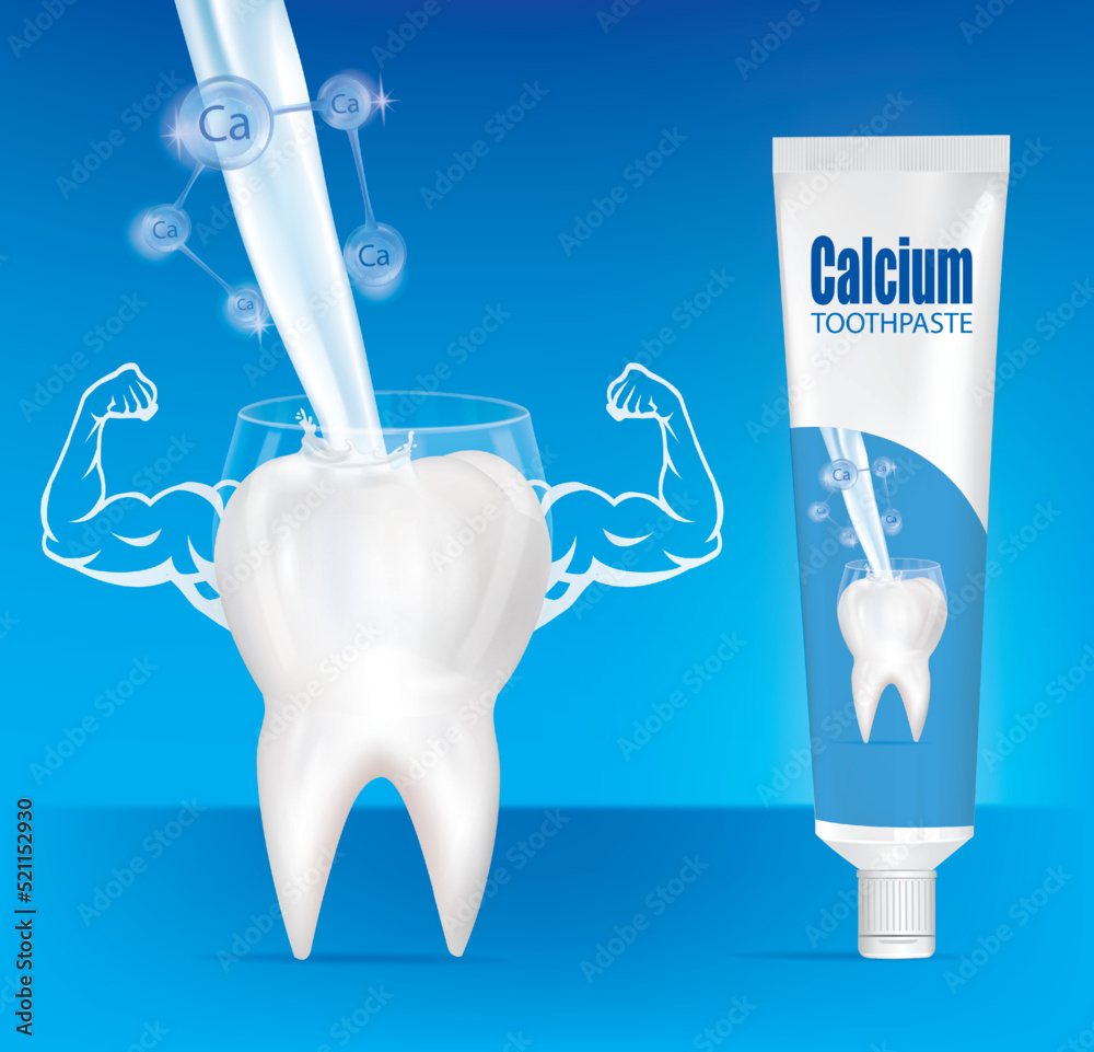 Toothpaste tube design with tooth and calcium on abstract blue ...