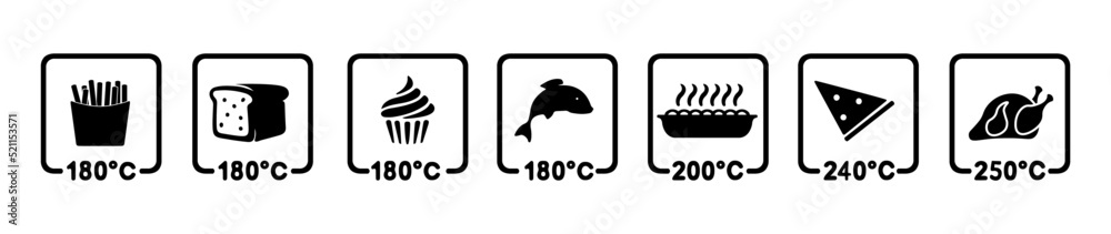 Cooking temperature icons. Flat black and white symbol of degrees ...