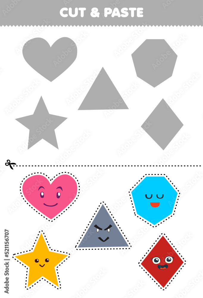 Education game for children cut and paste cute cartoon geometric shapes ...