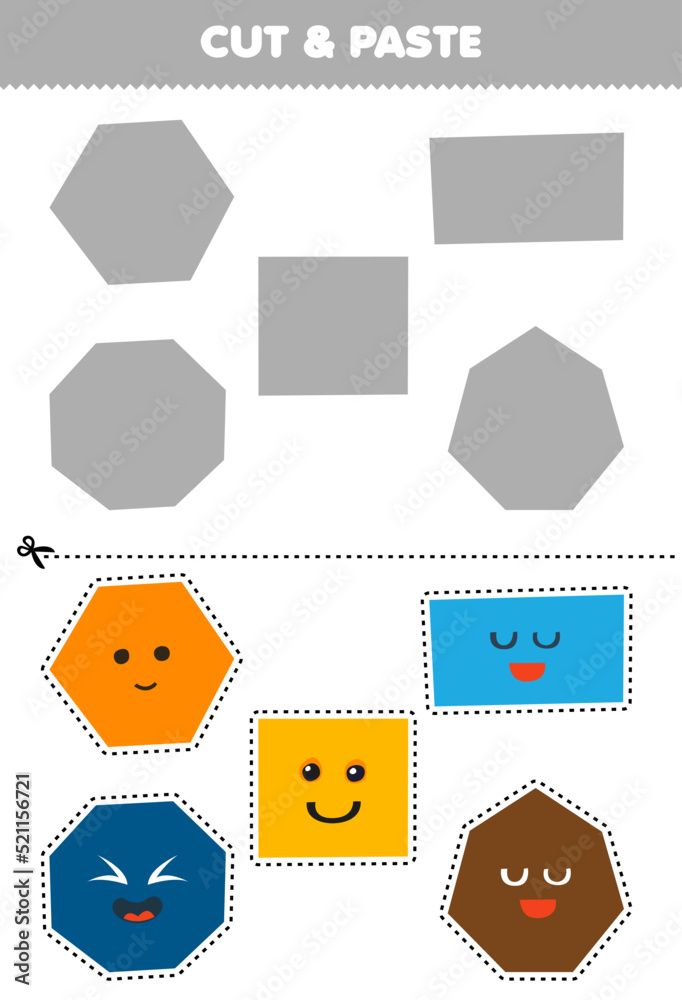 Education game for children cut and paste cute cartoon geometric shapes ...