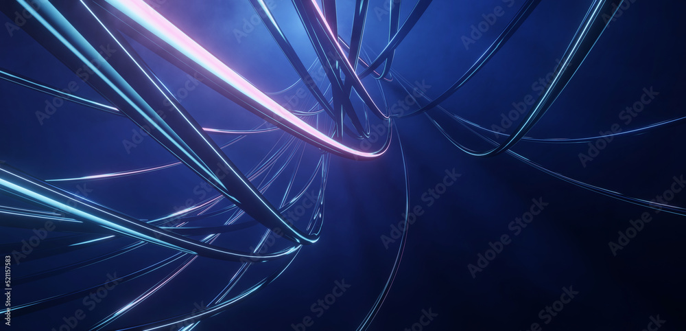 3D Rendering of abstract digital data running along curve cables. Neon ...