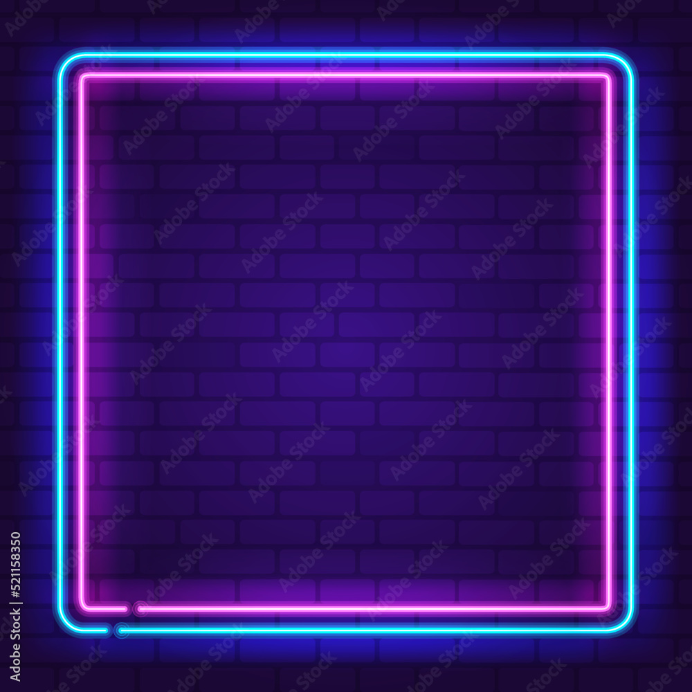 Square neon frame Pink and Blue colors at purple brick wall background ...