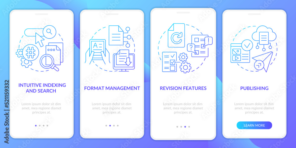 Key Cms Characteristics Blue Gradient Onboarding Mobile App Screen Walkthrough 4 Steps Graphic