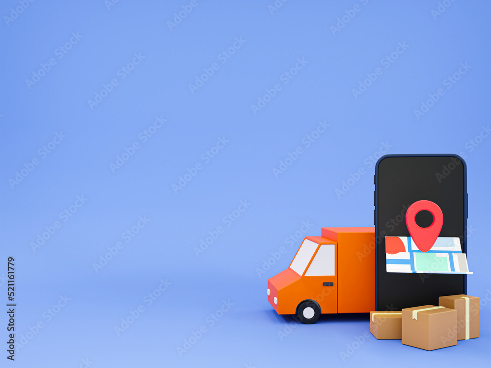 3d minimal Online delivery service concept. Delivery Truck prepares for ...