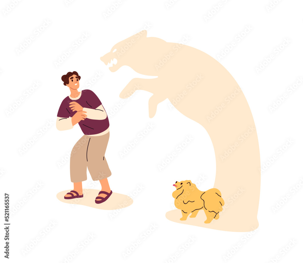 Person afraid of small dog, puppy. Fear of canine animals, cynophobia ...