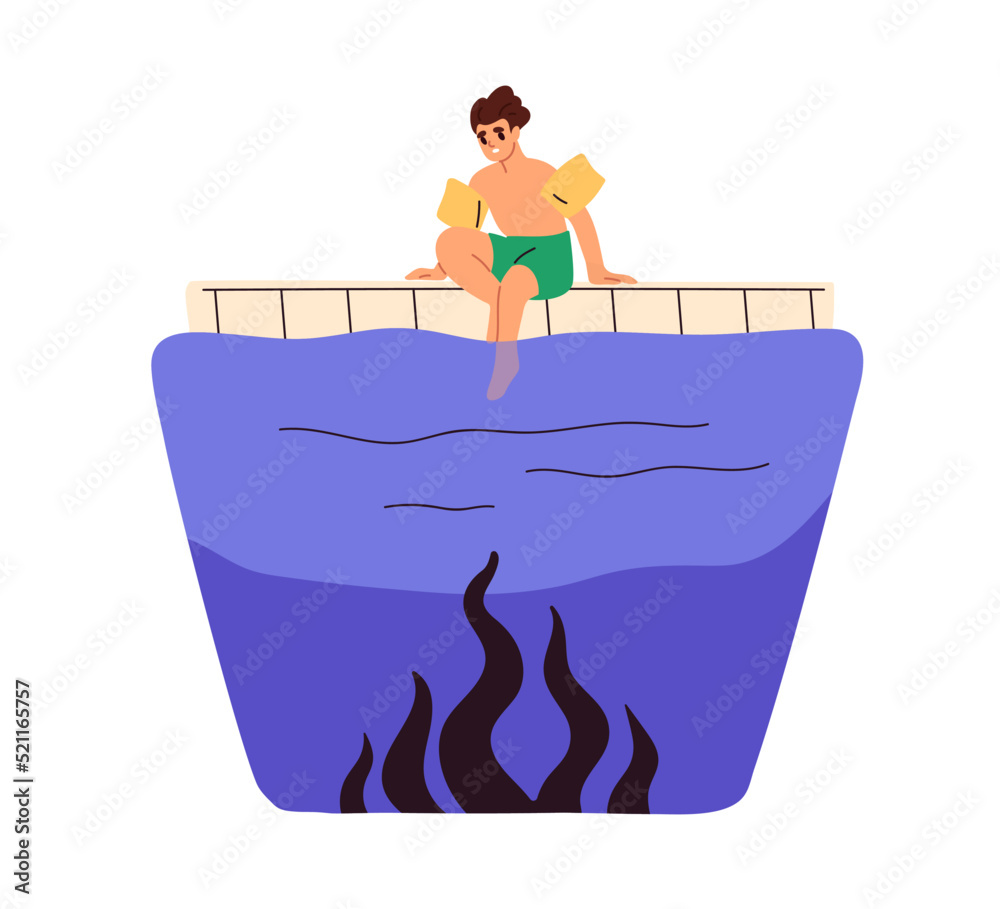 Water phobia, aquaphobia concept. Anxious stressed person afraid of ...