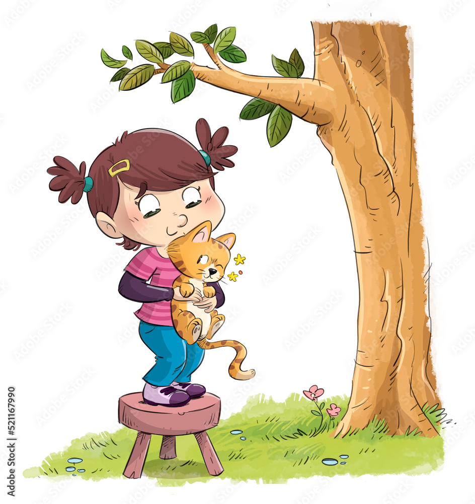 Illustration of a little girl helping a cat that has hurt itself Stock ...