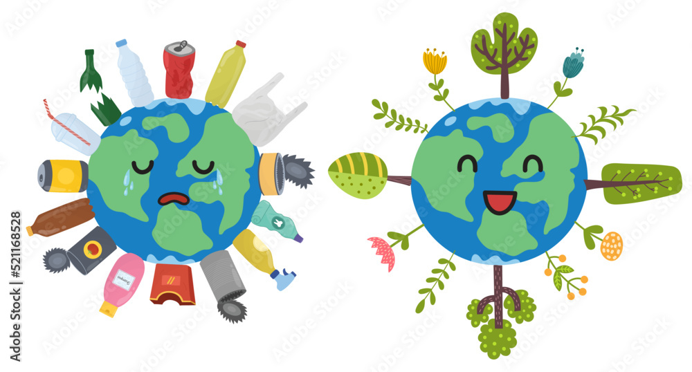 Save the planet print with cute character. Two states of Earth: crying ...