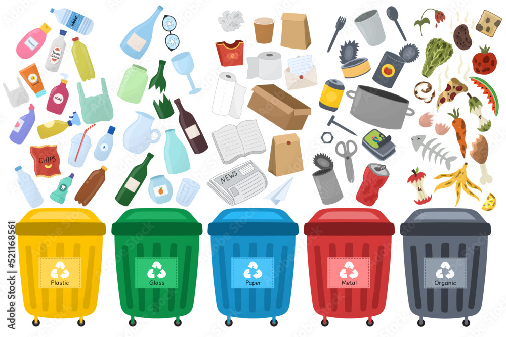 Trash sorting set with recycling bins. Waste sorting collection with ...