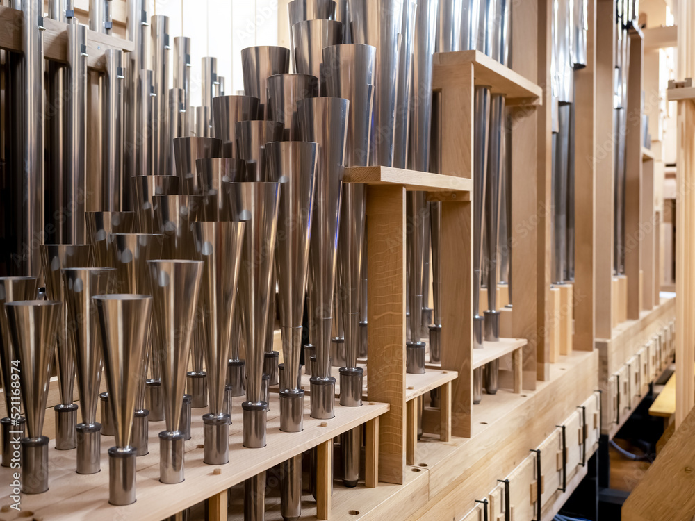 Inside a contemporary organ in modern philharmonic hall, register with ...