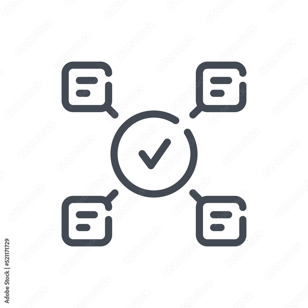 Comments approval and text confirmation line icon. Chat boxes and check ...