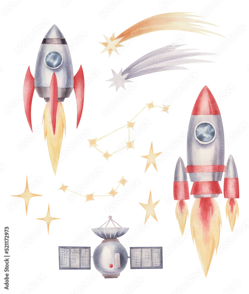 Watercolor set of space rocket and stars isolated. Stock Illustration ...