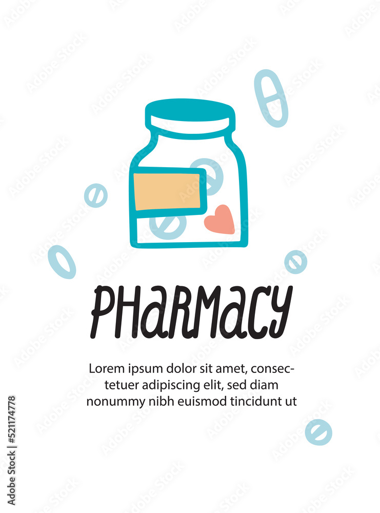 Pharmacy. Poster or print with a bottle of pills and a heart. Scattered ...