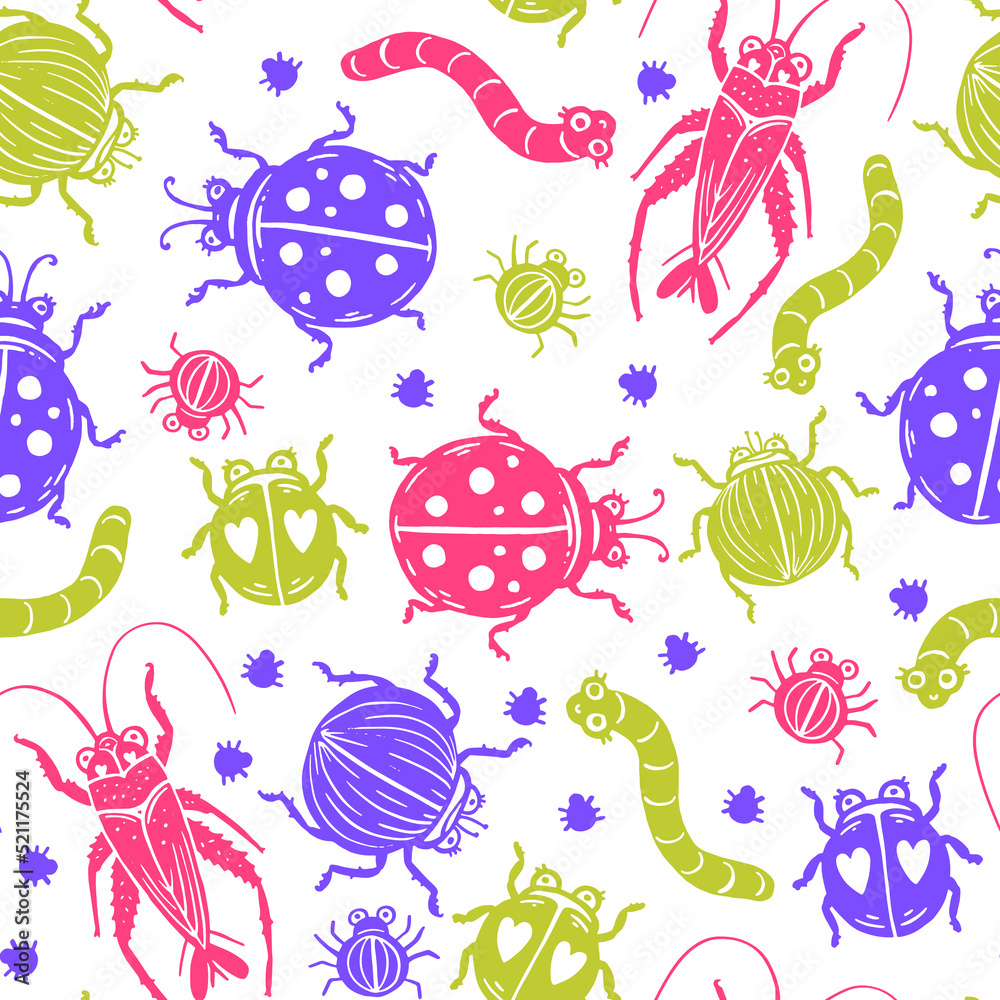 Cute insects seamless pattern. Background with funny insects. Vector ...