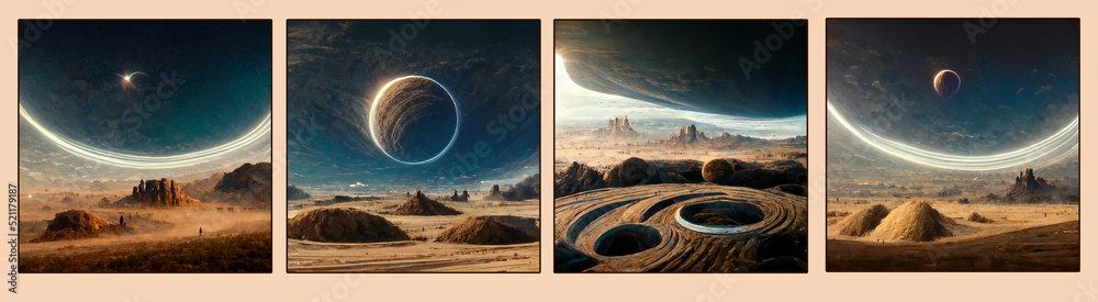 Matte painting of a desert landscape with a planet with rings in the ...
