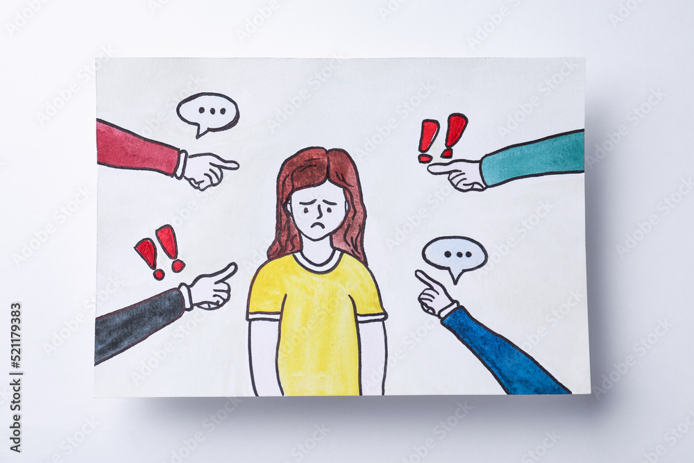 Drawing of people bullying sad woman on white background, top view ...