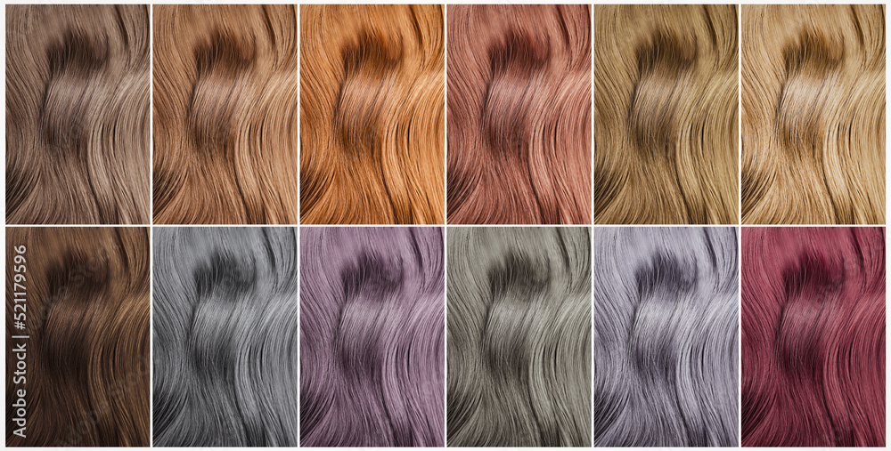 Collage with multicolored hair samples, banner design. Color palette ...