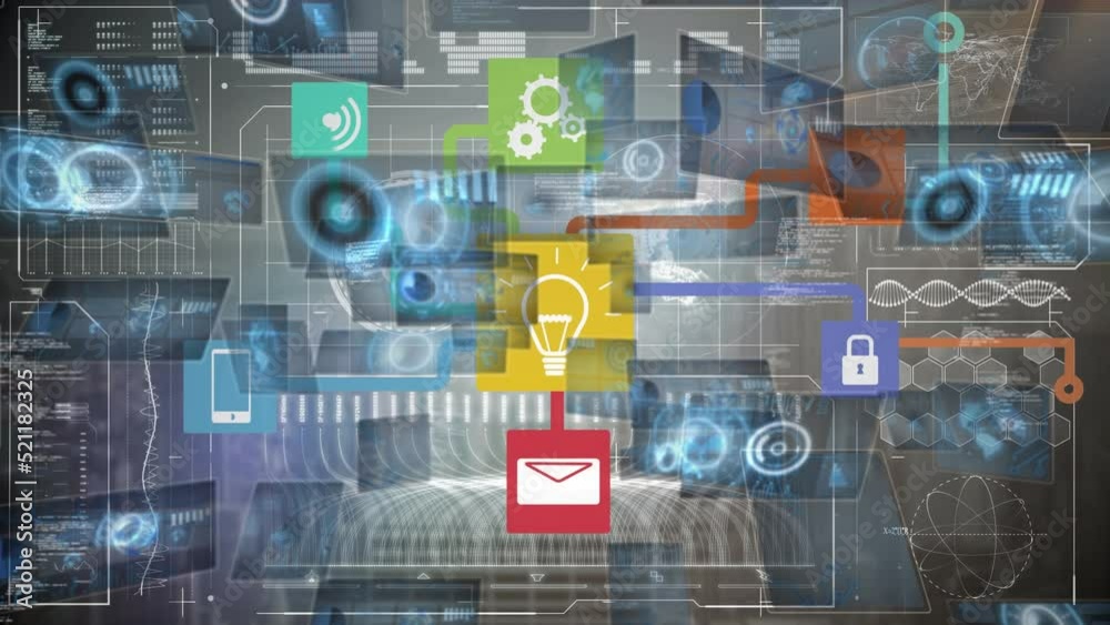 Animation of graphical infographic interface with moving displays and flow chart with computer ...