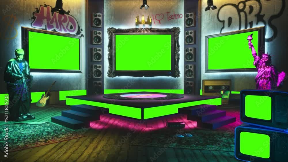 3D rendering Virtual studio with music stage. Green screen displays ...