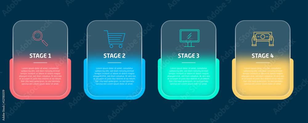 Infographics with icons and horizontal glassmorphism effect. Thin line ...