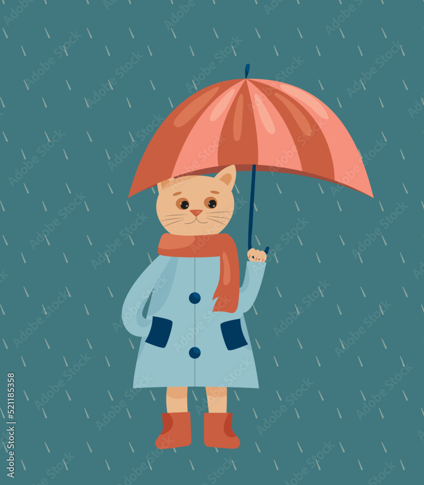 Cartoon cat holding an umbrella in his paw. cat standing in a raincoat ...